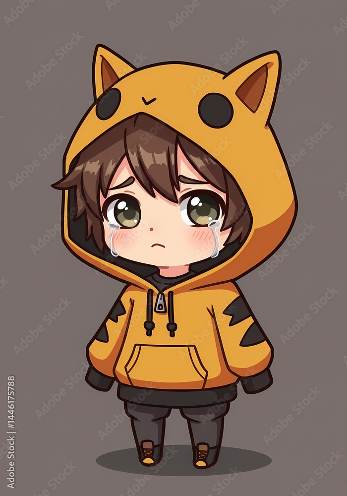 Expressive Chibi Character Illustration: A sad anime-style boy in an ...