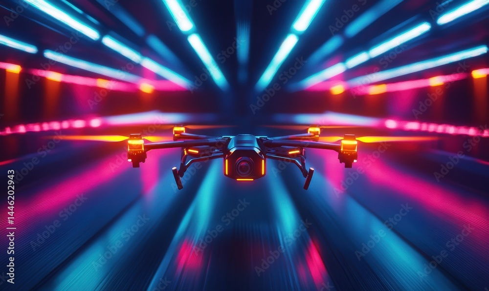 Racing drone mid-flight in an illuminated arena with glowing trails ...
