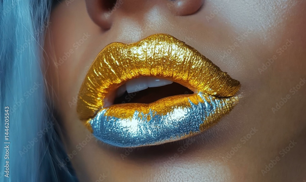 Woman with gold and silver lips. The lips are painted gold and silver ...