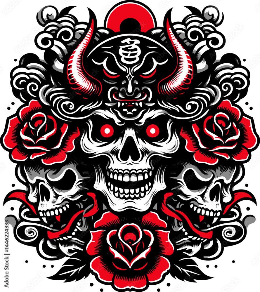 Bold Japanese-inspired artwork featuring a demonic skull trio, red ...