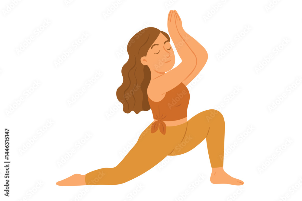 Vector cartoon girl in yoga prayer pose with closed eyes, relaxing and ...