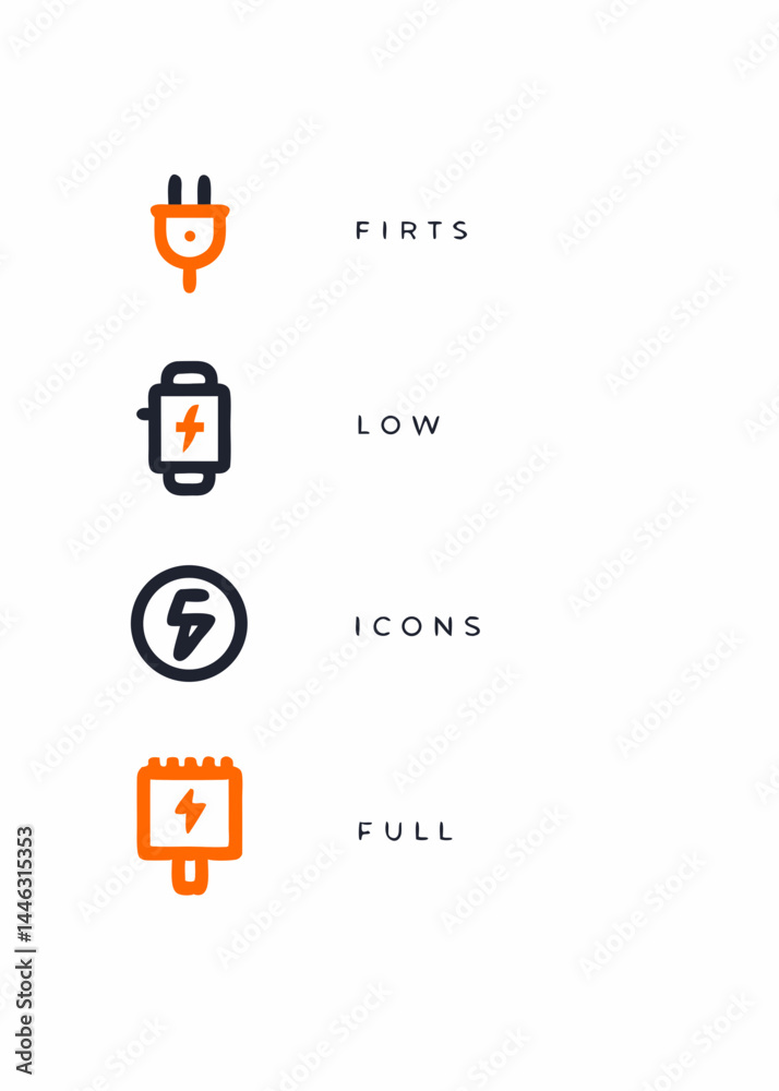 "Design a minimalist electrical power icon set featuring five symbols ...