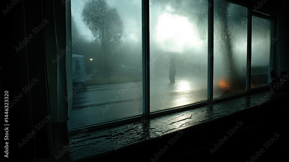 Foggy street view through rain-covered window with silhouette of person ...