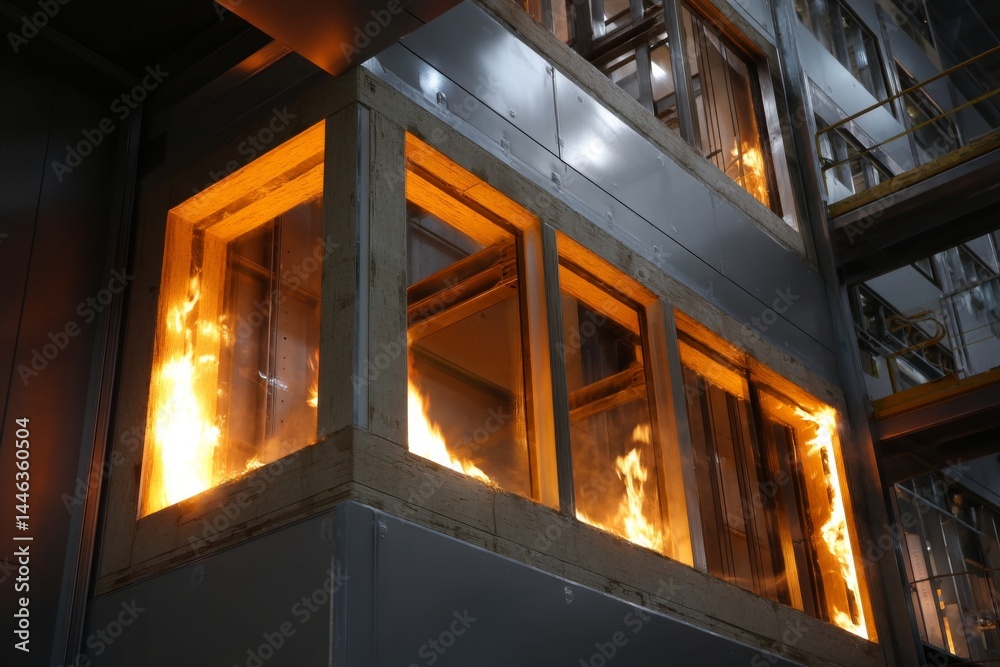 Experiment setup with a structure engulfed in flames showing a fire ...