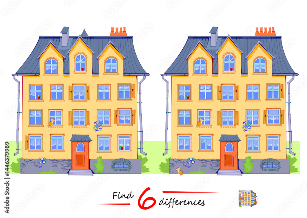 Find 6 differences. Illustration of the cute house with windows. Logic ...