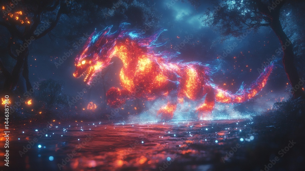 Ethereal flaming dragon creature emerging from a misty forest landscape ...