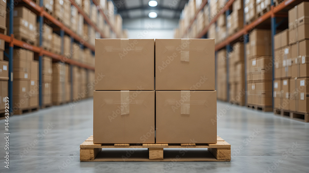 Two sturdy cardboard boxes stacked neatly on a wooden pallet in a ...