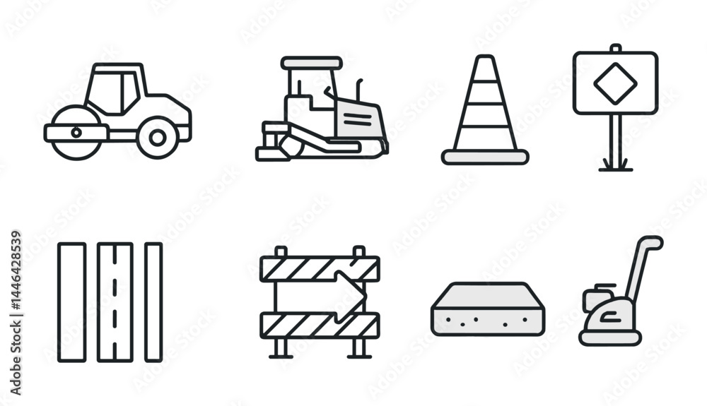 Construction and roadwork outline icon set – linear style ...