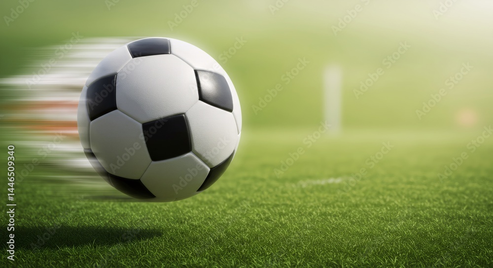 Soccer ball in motion on green grass field. Fast rolling football ...