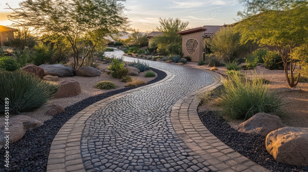 Entry plaza with paver pattern design, public art, and structured ...