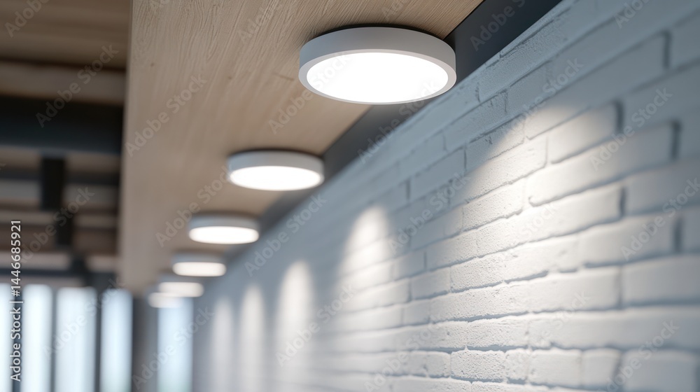 Recessed ceiling lights illuminate a white brick wall, casting soft ...