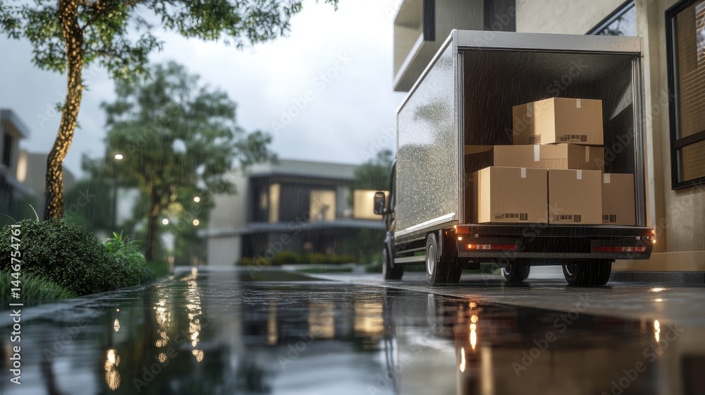 A stunning image of delivery truck unloads boxes near modern home on ...