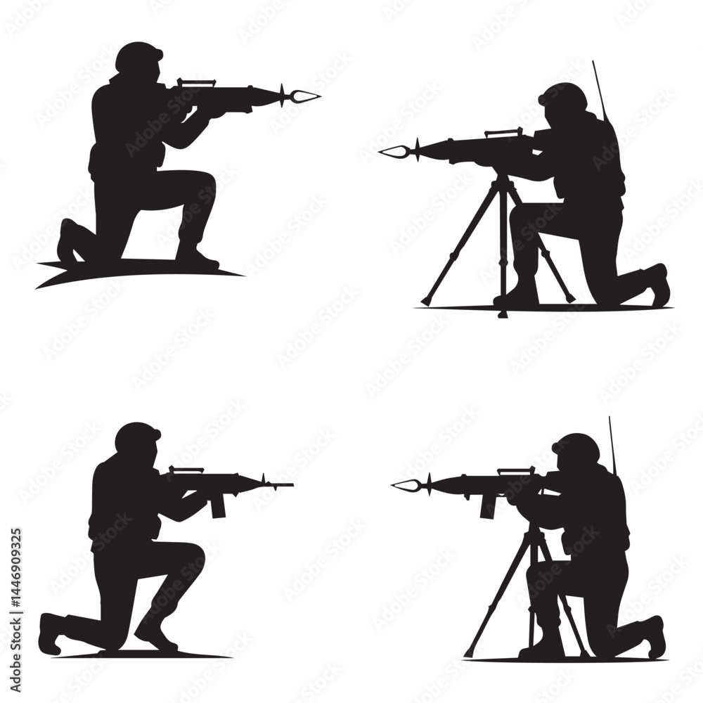 Military sniper and rifleman silhouettes in tactical positions with ...