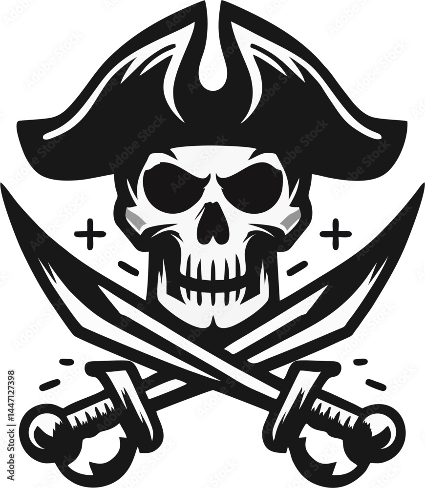 Bold Pirate Skull Vector Logo with Crossed Cutlasses and Tricorn Hat ...