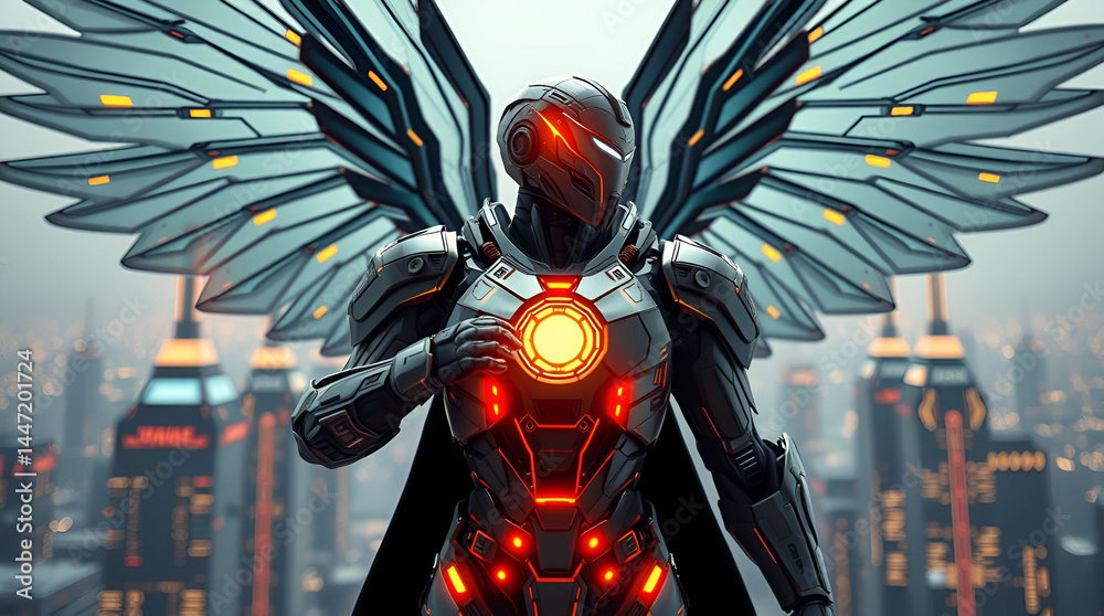 An AI-powered superhero with a glowing core and digital wings, soaring ...
