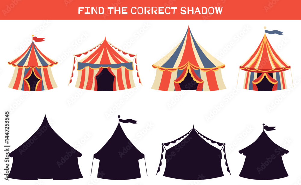 Vector educational game for kids. Match circus tents with their correct ...