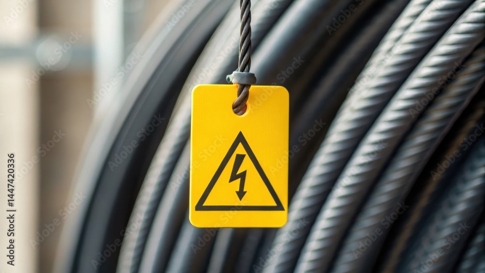 Warning sign attached to electrical cables, indicating high voltage ...