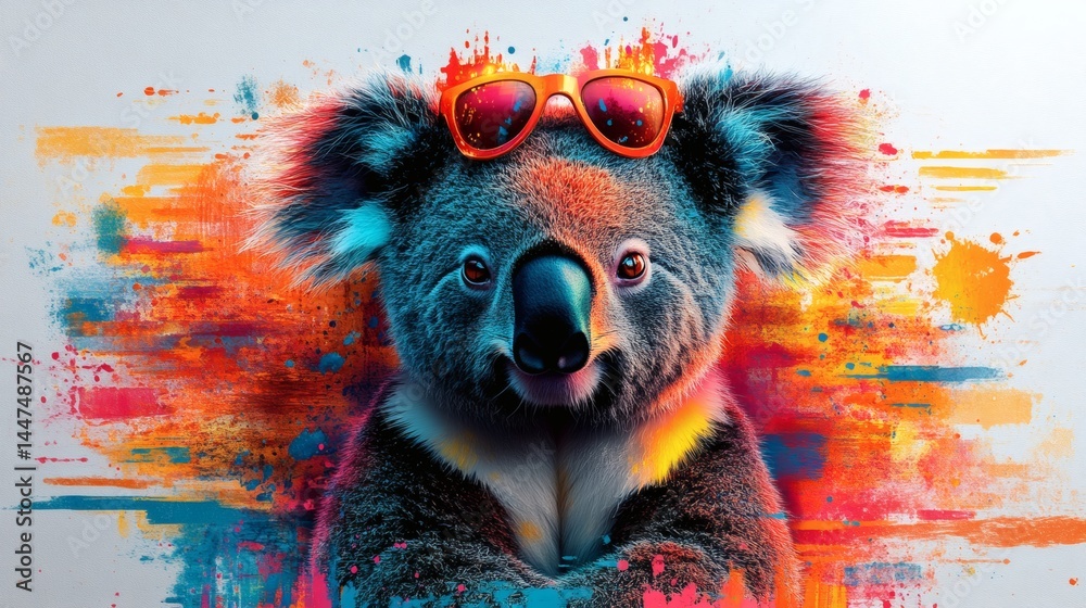 Koala wearing red sunglasses with colorful paint splash texture ...