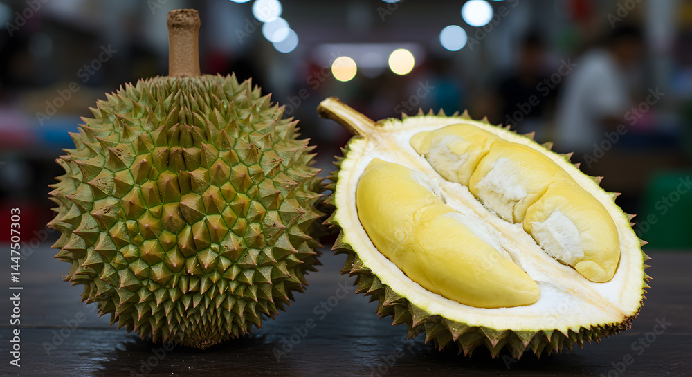 Two big spiky durian fruits one whole and one sliced open to show off ...