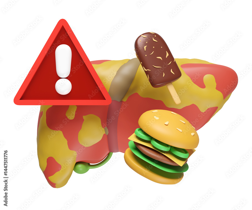 3d exclamation mark with fatty liver disease isolated. junk food is the ...