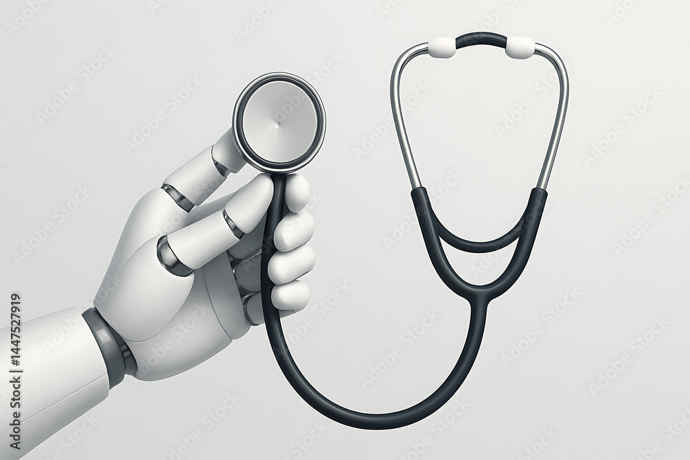 Robot hand holding stethoscope, futuristic healthcare and medical ...