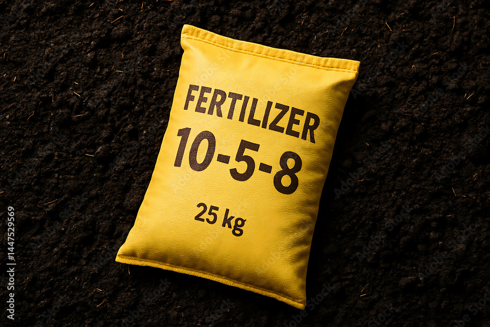 Yellow fertilizer bag labeled 10-5-8 placed on rich soil background ...