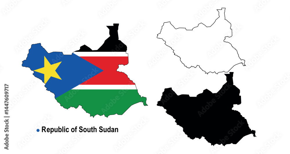 South Sudan Map Vector - Country Outline, Flag Inside Map, Blank and ...