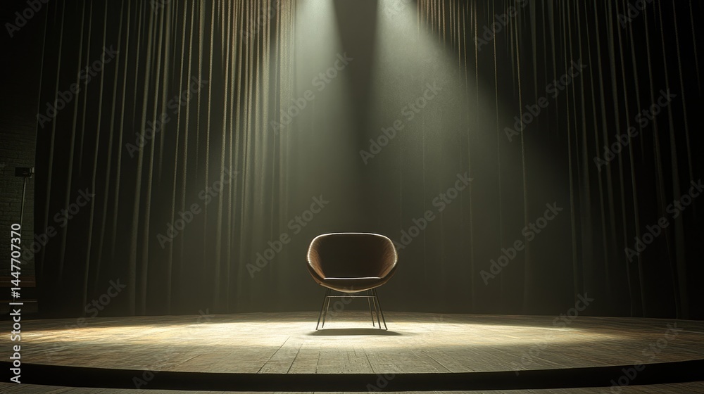 Minimalist stage set with a single chair and spotlight in center, black ...