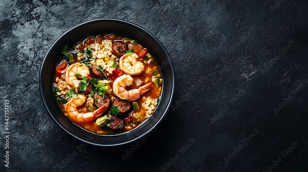 Hearty Louisiana gumbo shrimp sausage okra rice deep bowl a black ...