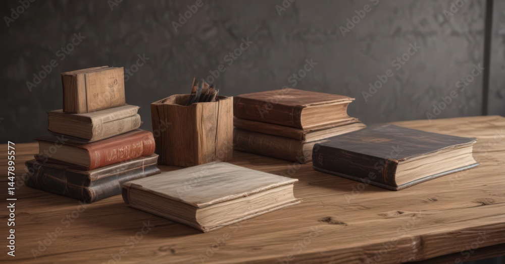 Rustic wood table displays three book cover mockups; varied sizes ...