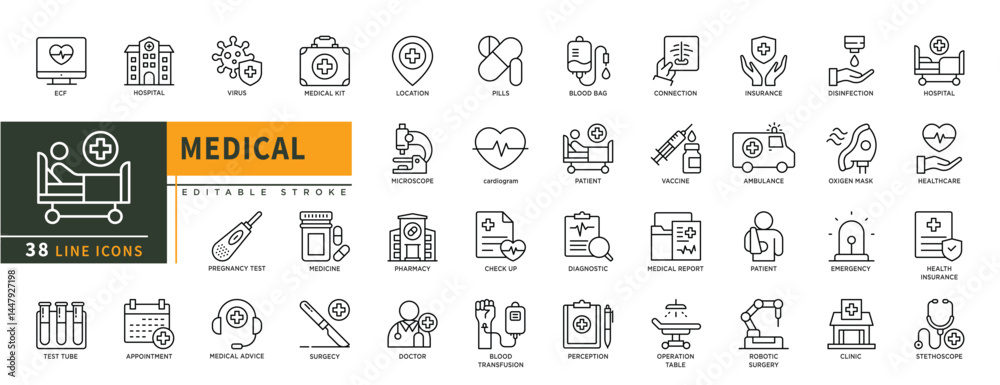 Minimalist Medical line icons set with editable stroke, featuring ...