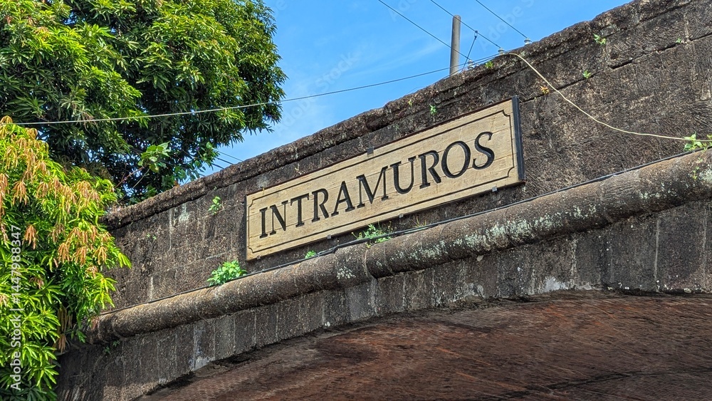 Sign for Intramuros historic walled fortress city in the capital city ...