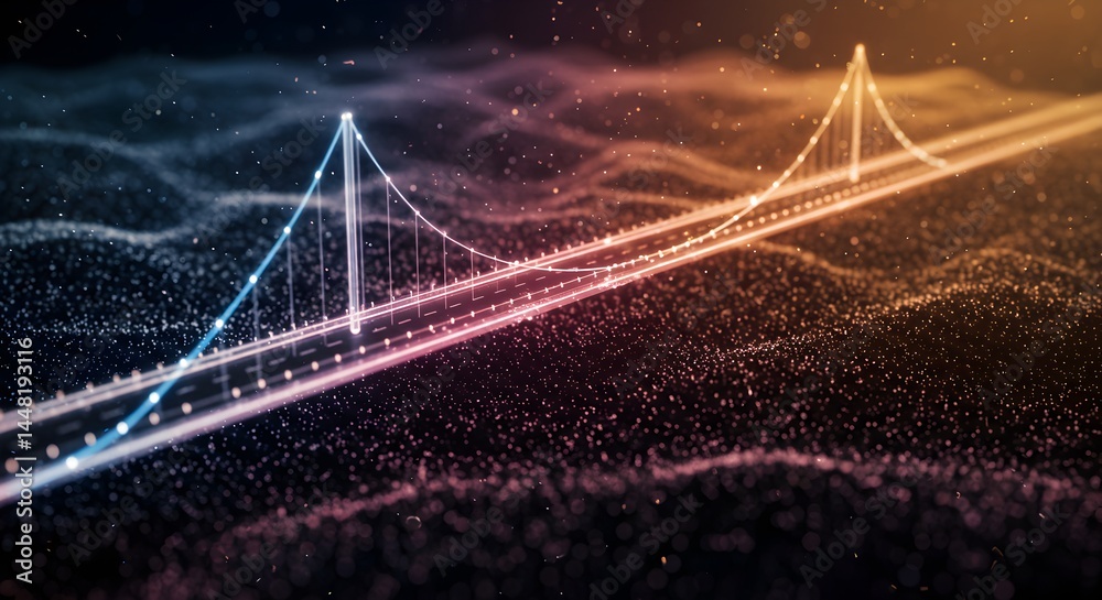 Futuristic abstract digital bridge illustration spanning a vibrant ...
