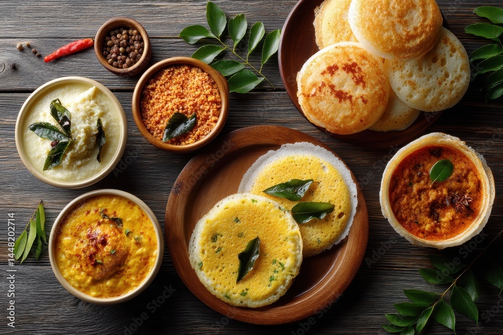 Variety of South Indian breakfast items on wood surface ghee dosa ...