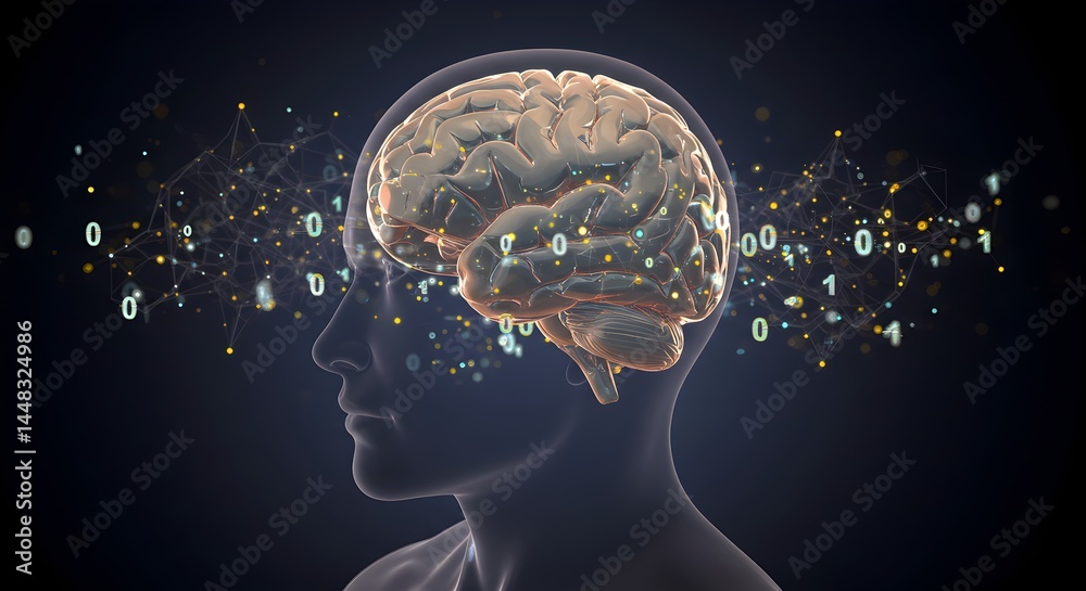 Visualization of human brain with digital connections and binary code ...