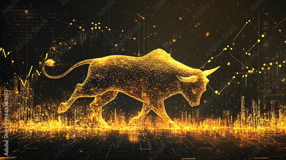 Artistic gold and black market trends visualization featuring a bull ...