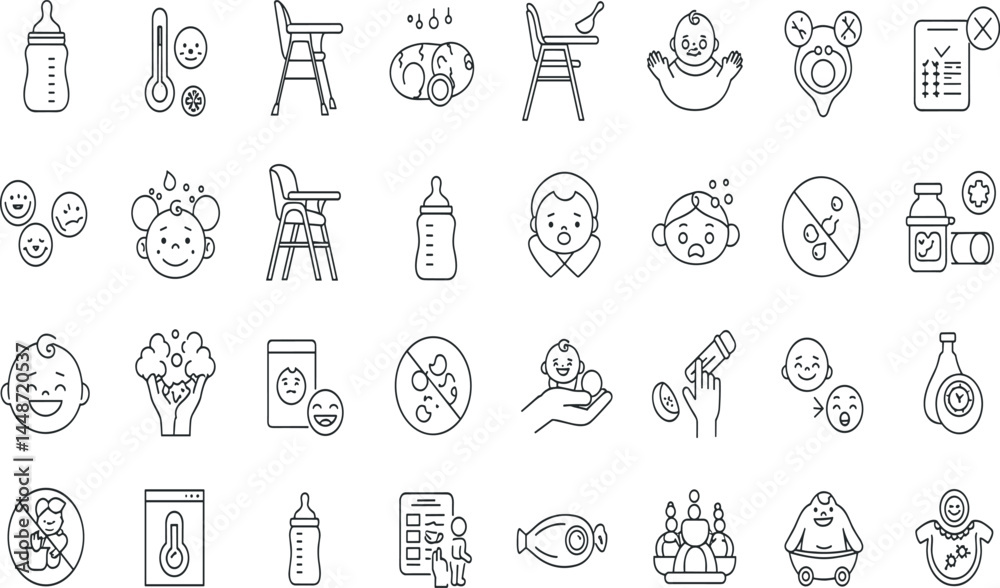 Baby feeding problem line icon set. Vector pictograms of food, allergy ...