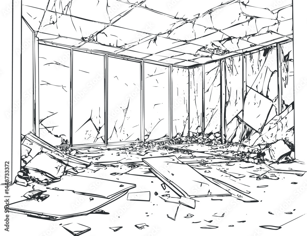 Black and white line drawing of a heavily damaged and ruined room ...