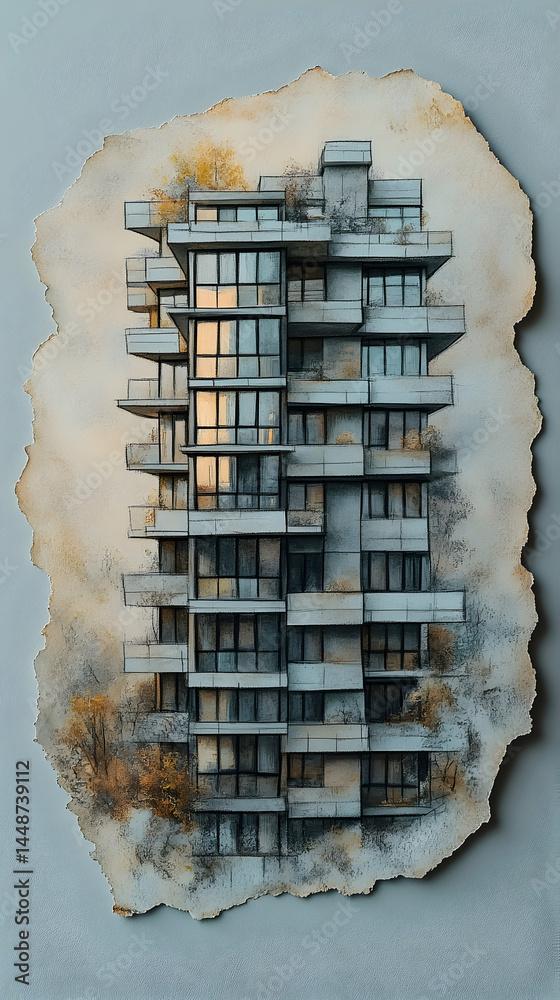 Detailed architectural sketch of a modern high-rise building, featuring ...