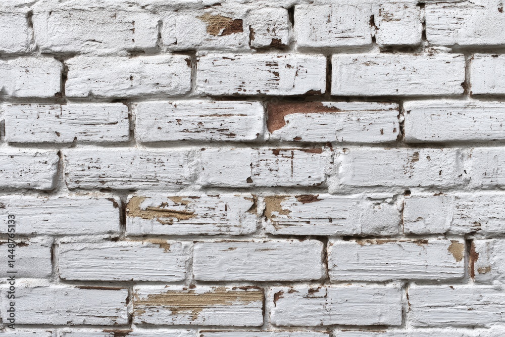 Whitewashed brick wall with rustic, aged textures and visible wear ...