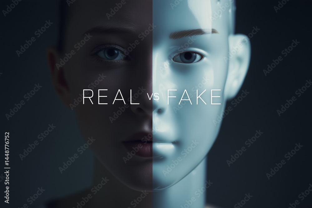 Half human half AI face comparison, real vs fake identity concept ...