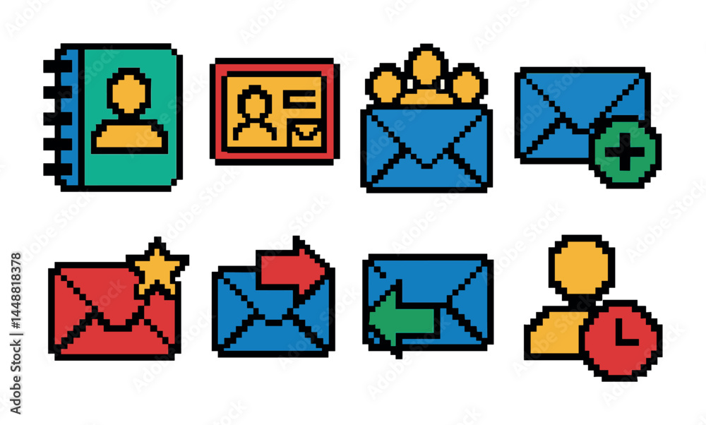Communication and messaging pixel art icons – colorful email, contact ...