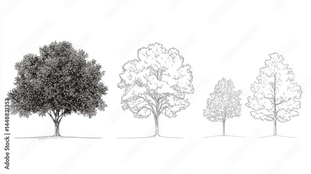 A 4K photo of minimal style cad tree line drawing, Side view, set of graphics trees elements ...