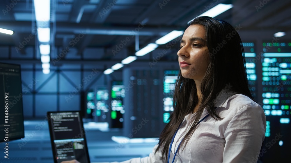 Computer scientist in data center monitoring security threats using PC ...