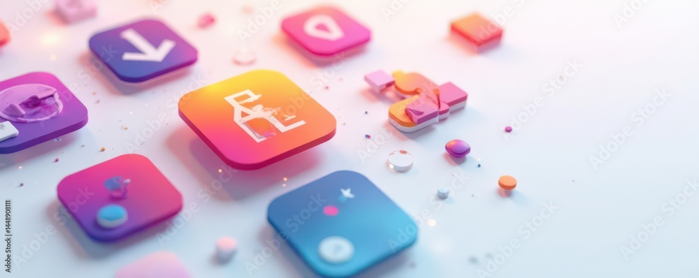 Gradient layered app icon collage on a bright white surface , software ...