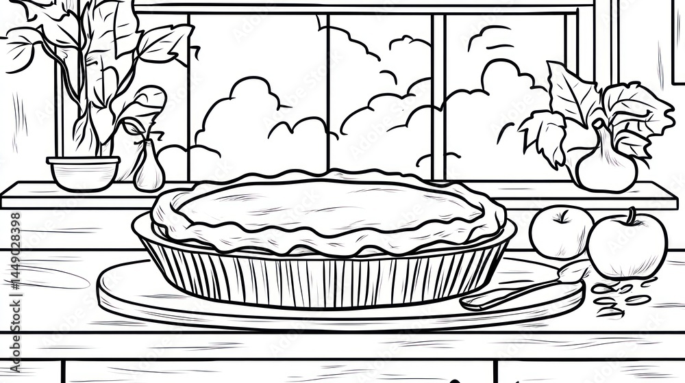 Black and white illustration of a pie on a table near a window ...