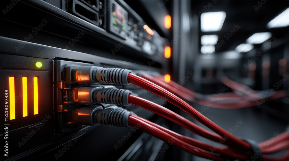 Network cables connected to server rack with glowing orange indicator ...