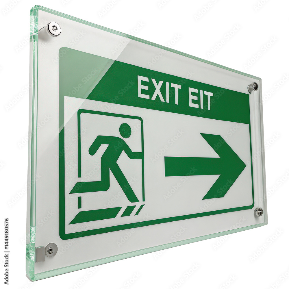 Green and white emergency exit sign with running figure and right pointing arrow is mounted on ...