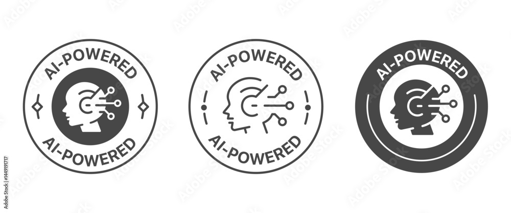 AI-Powered Badge Icons with Human Head and Circuit Symbols for Tech and ...
