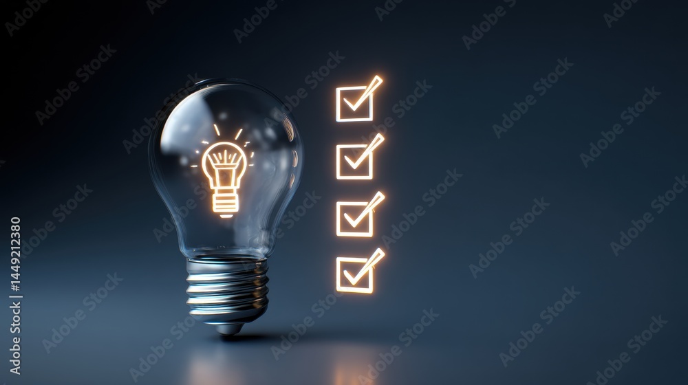 Goal setting concept Light bulb with checklist symbols, representing ...